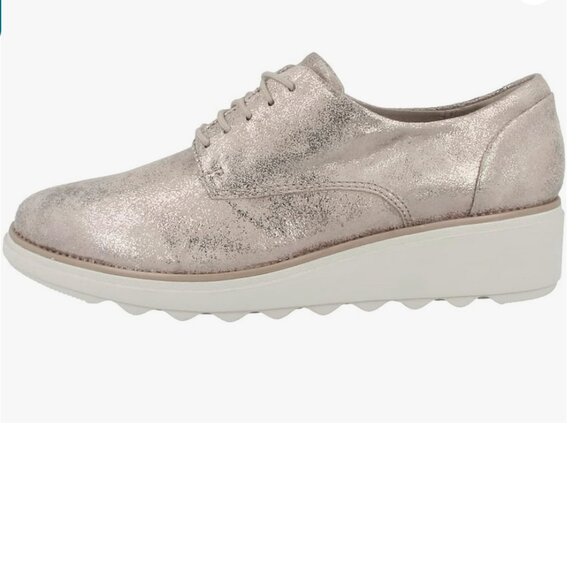 Clarks | Shoes | Clarks Sharon Crystal Pewter Oxford Wedge Tan Metallic ...